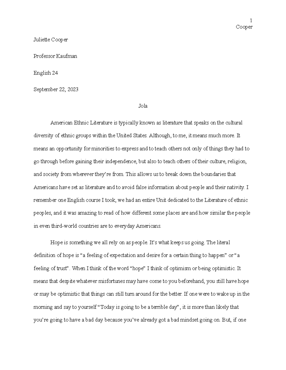 Self-Assessment ENG 24 J Cooper - 1 Cooper Juliette Cooper Professor ...