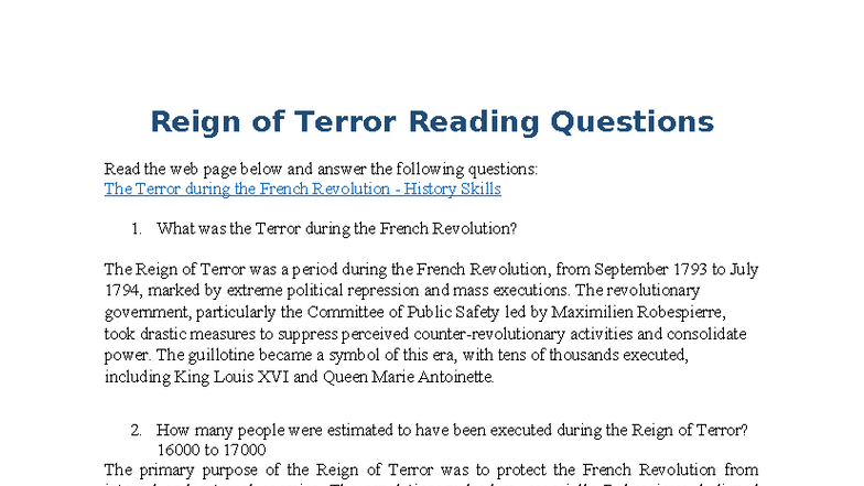 Reign of Terror (HIST 101) Reading Questions and Analysis - Studocu