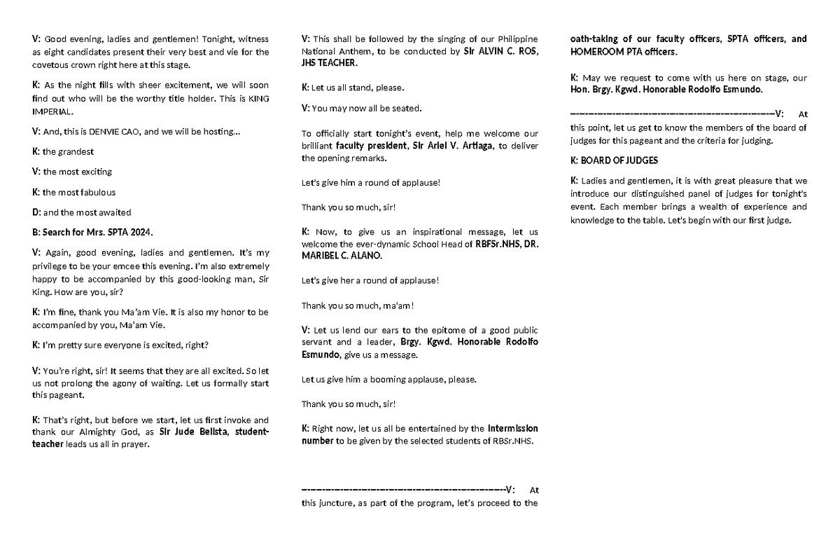 Emcee Script for Mrs. SPTA 2024 Beauty Pageant Event - Studocu