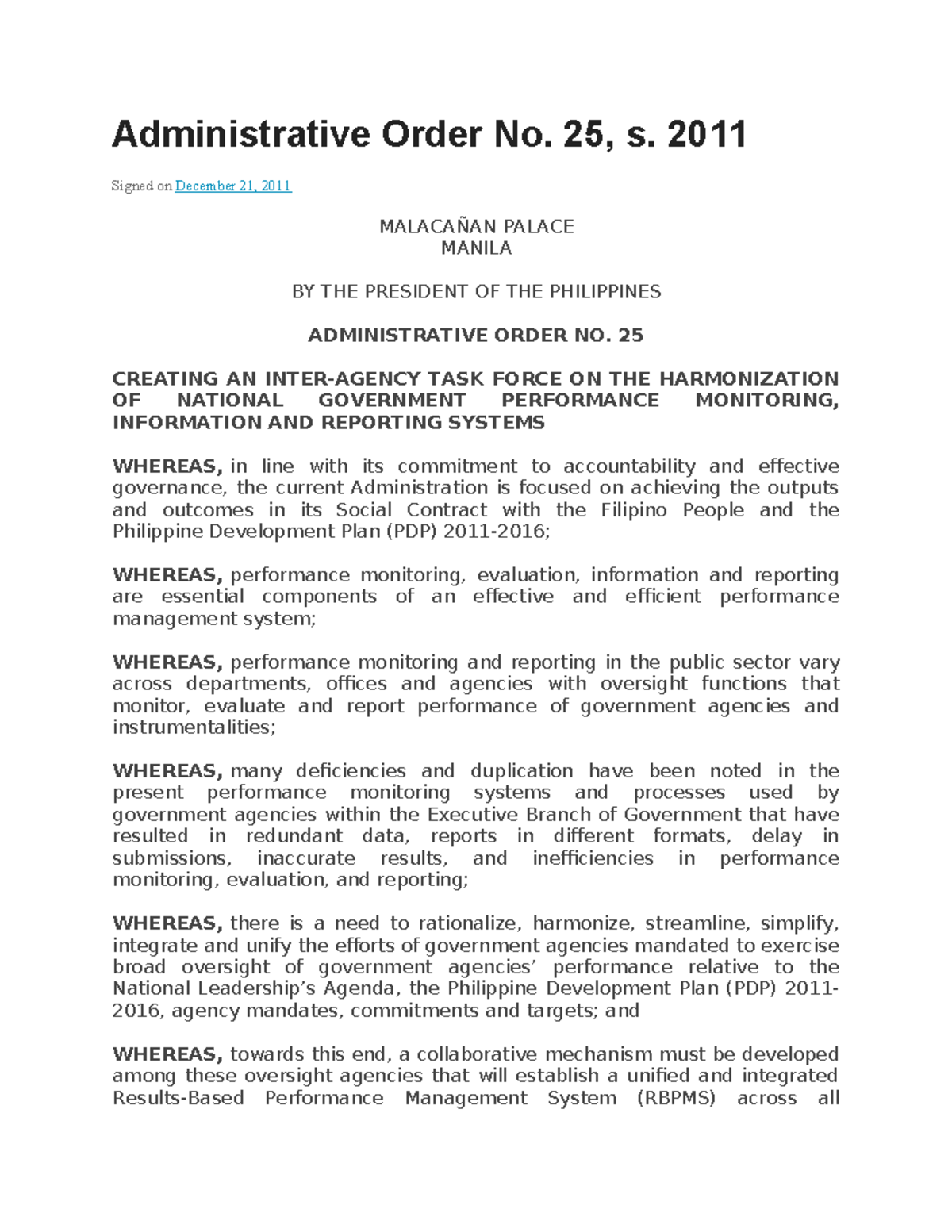 Administrative Order No 25 - 25, s. 2011 Signed on December 21, 2011 ...