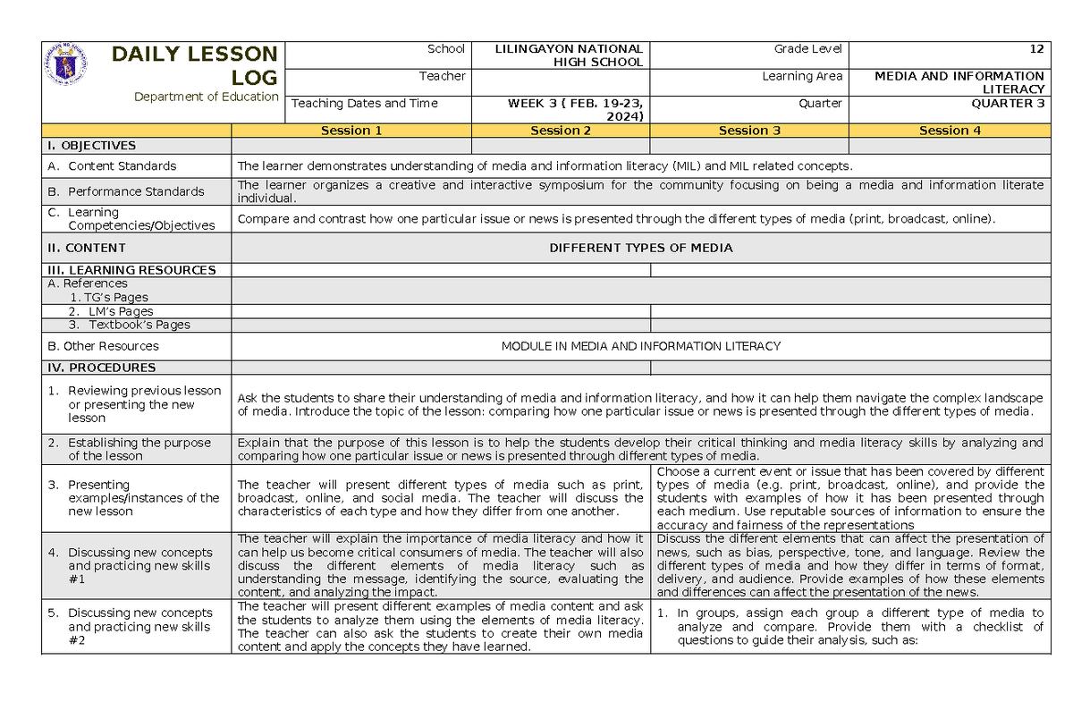 MIL Q3 W3 Daily Lesson Log: Understanding Media Literacy Concepts - Studocu