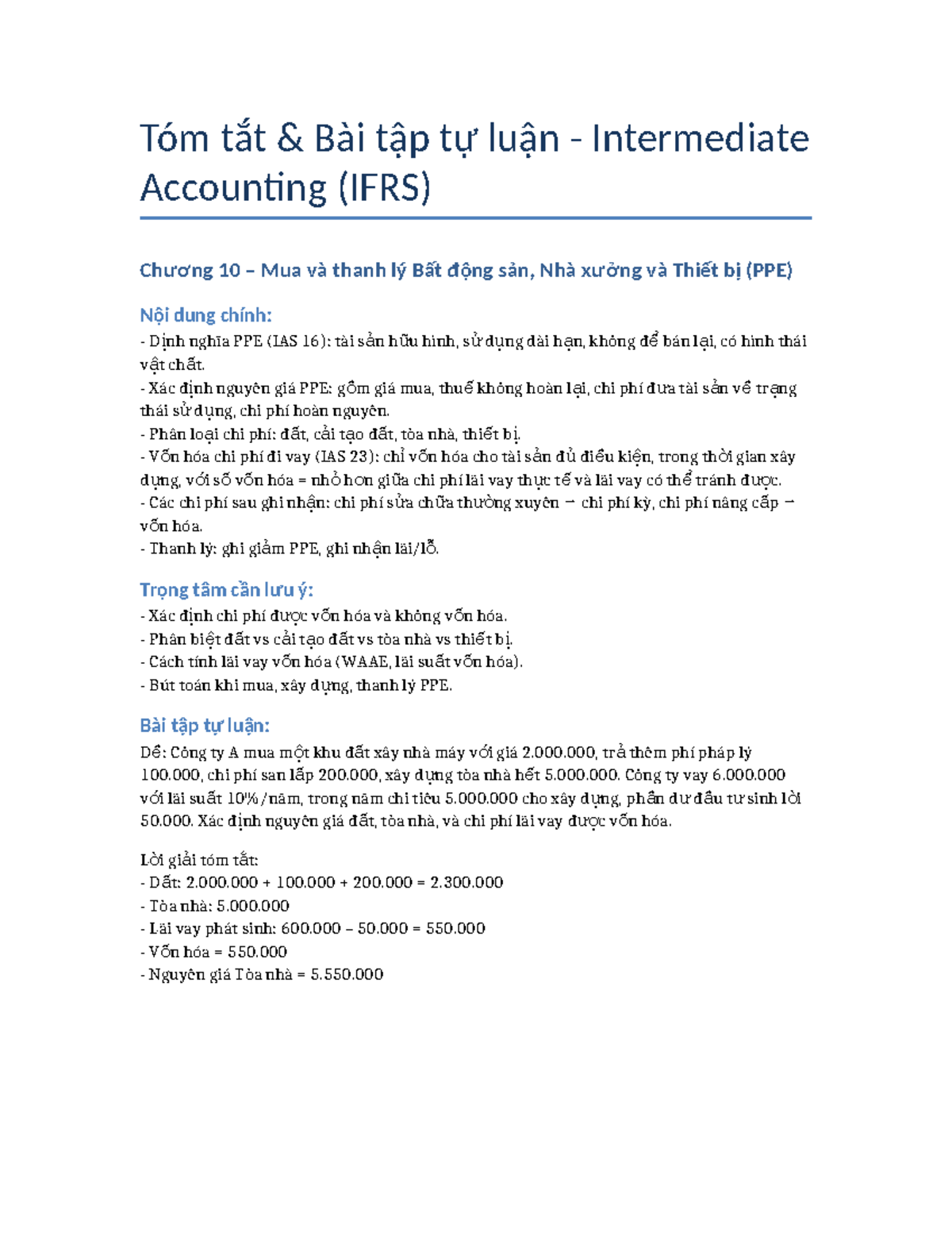 Tóm tắt Bài tập tự luận IFRS Chương 10-12 về Tài sản cố định - Studocu