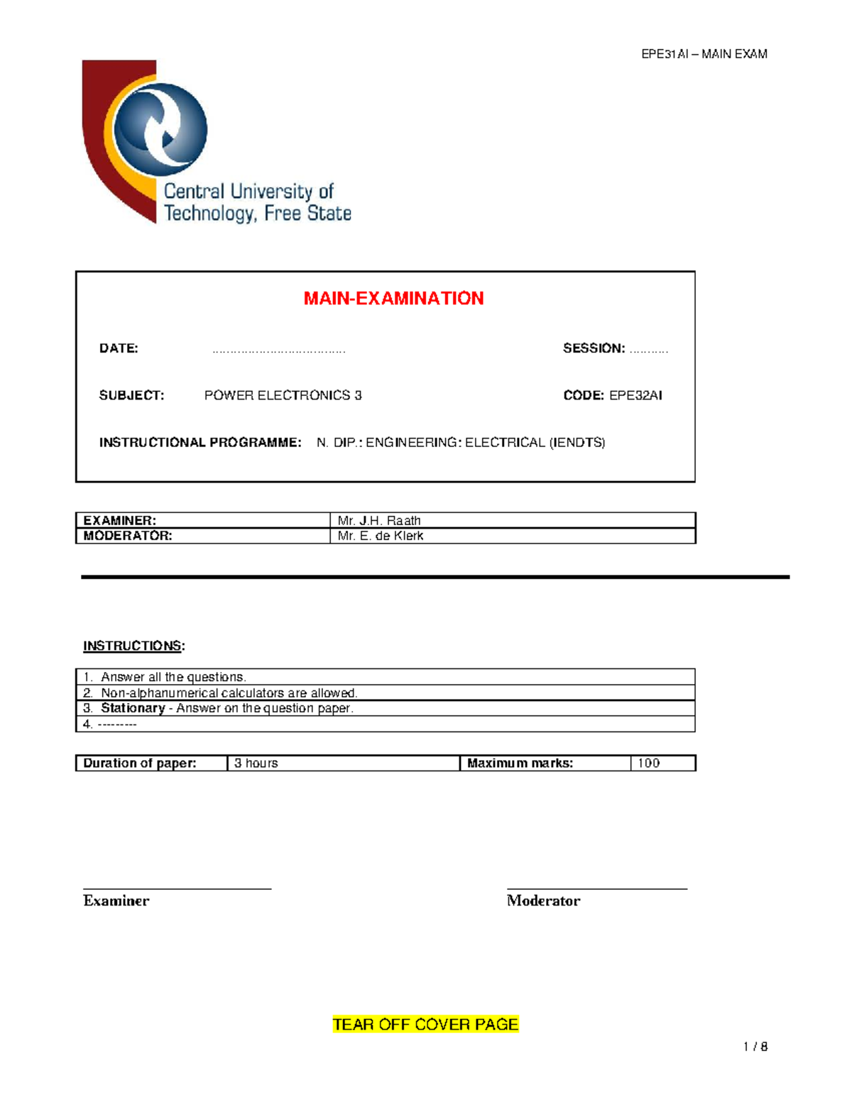 EPE32AI Main Exam 2016 Memo: Power Electronics Solutions - Studocu