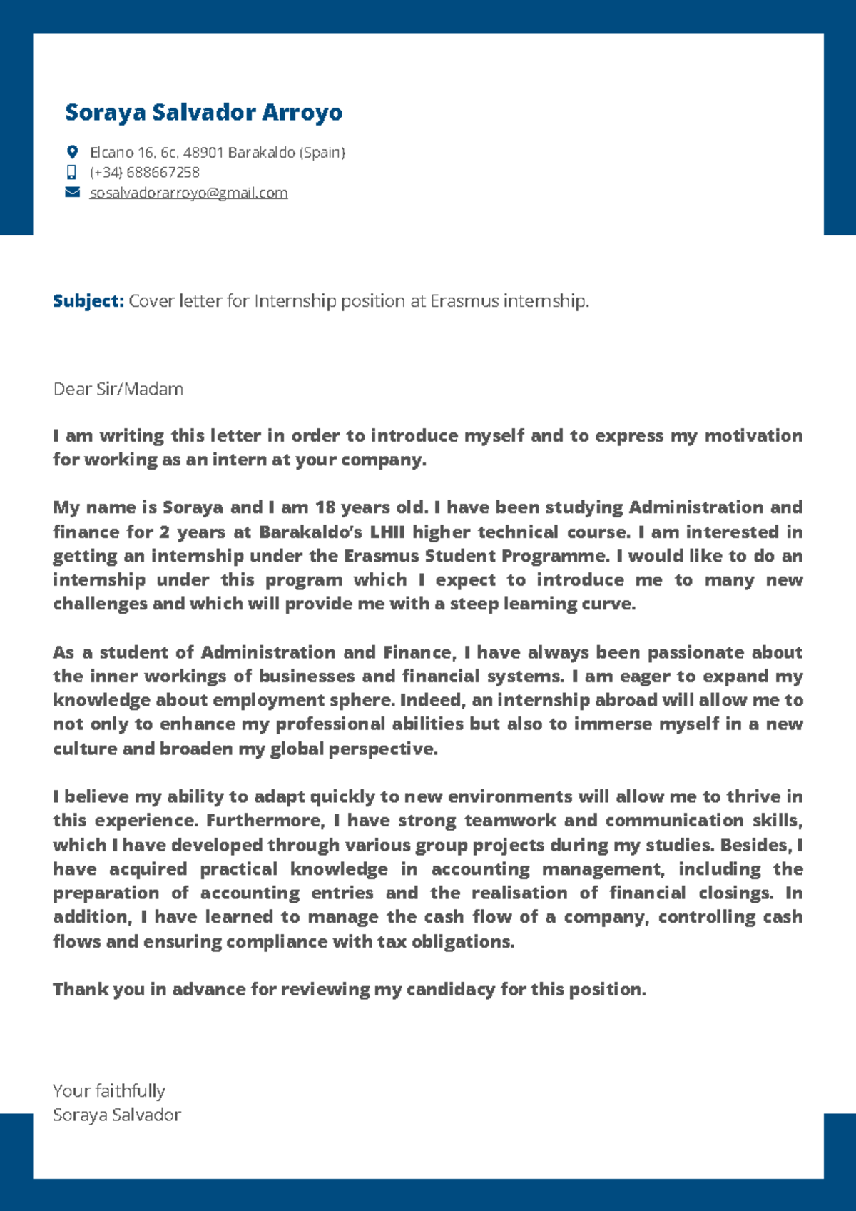 Cover Letter Erasmus