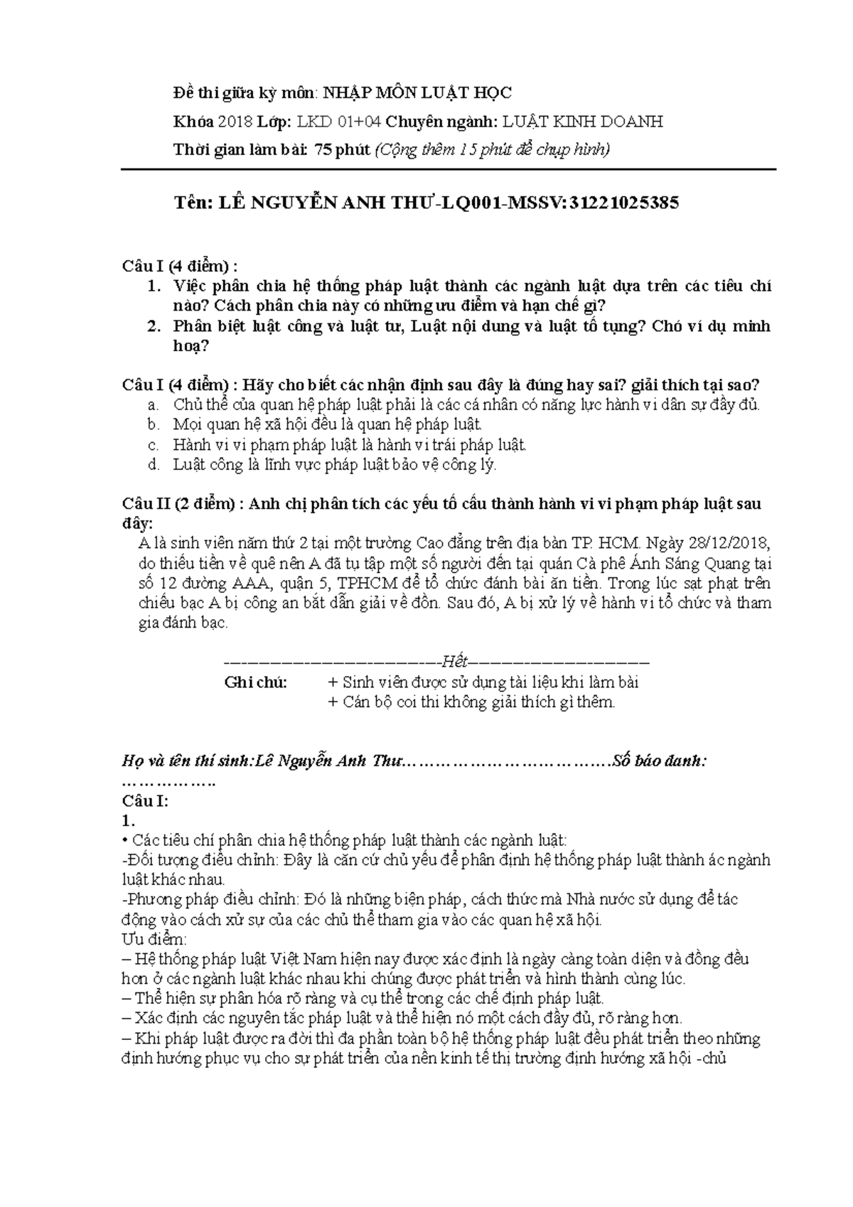Bài thi Giữa kỳ NMLH - Kiểm tra Nhập Môn Luật Học Khóa 2018 - Studocu