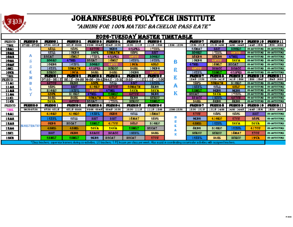 JPI 2025: Master Timetable for Grades 10-12 (2026) - Studocu