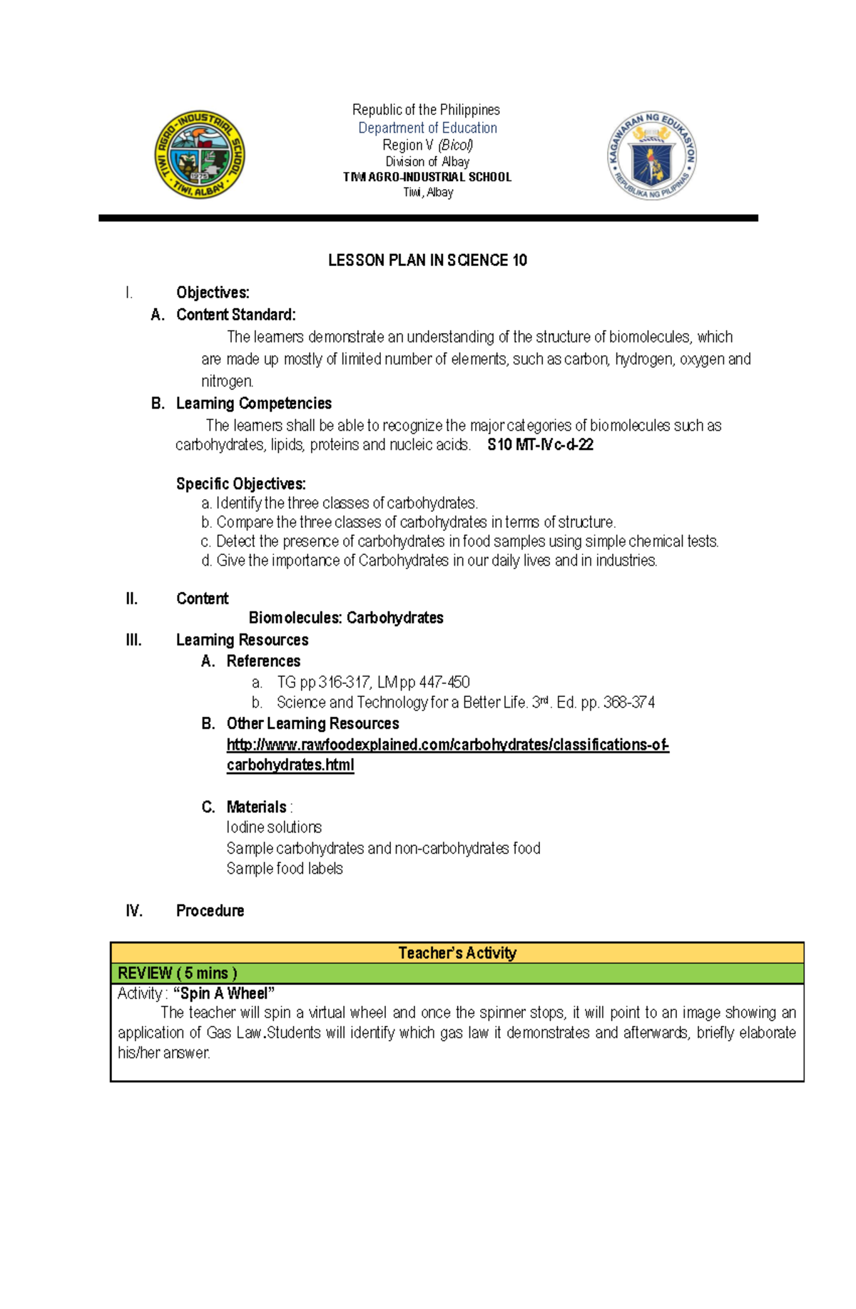 618345193 Science 10 Lesson Plan: Understanding Carbohydrates - Studocu