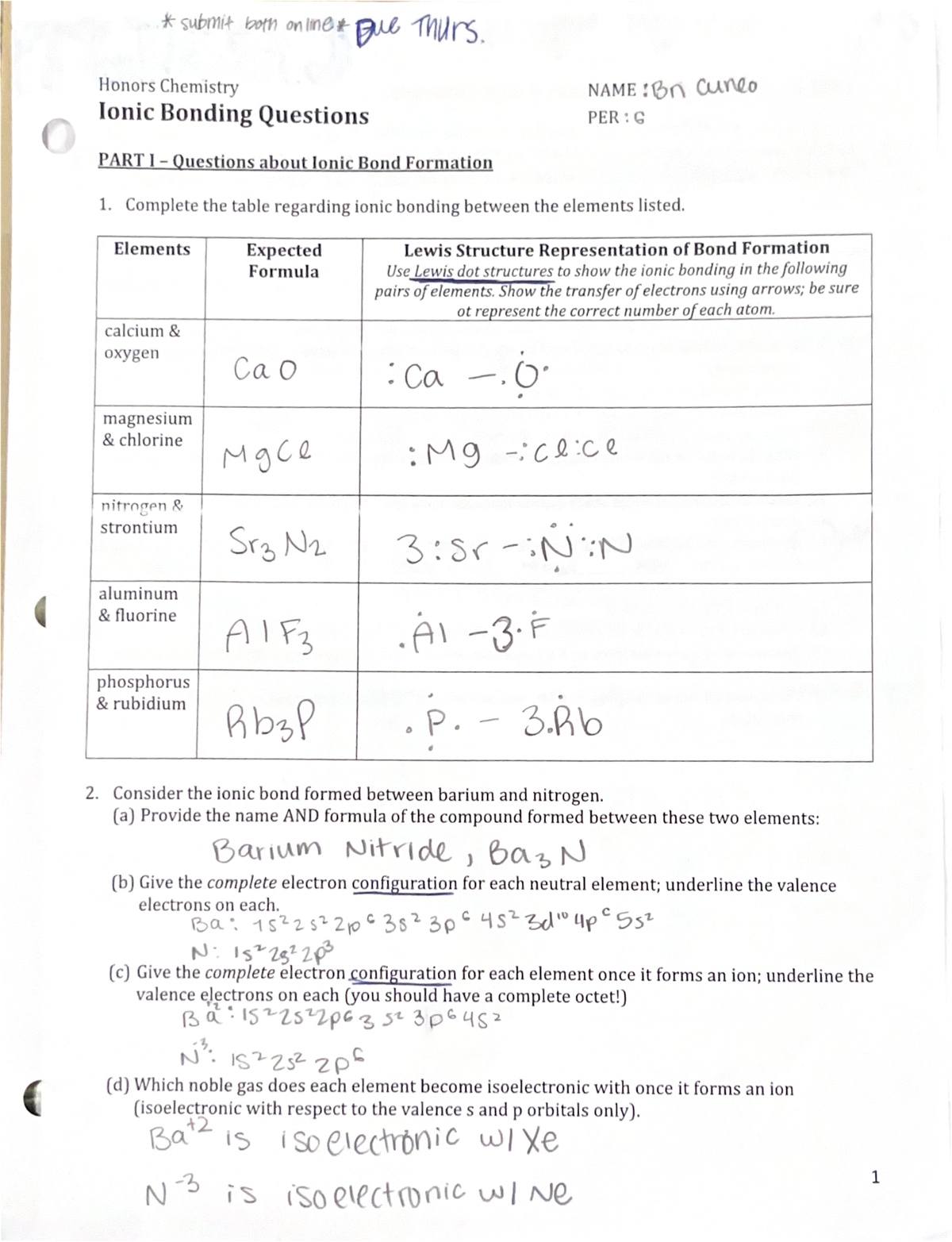 Honors Chemistry - buh - submit both Due Thurs. Honors Chemistry NAME ...