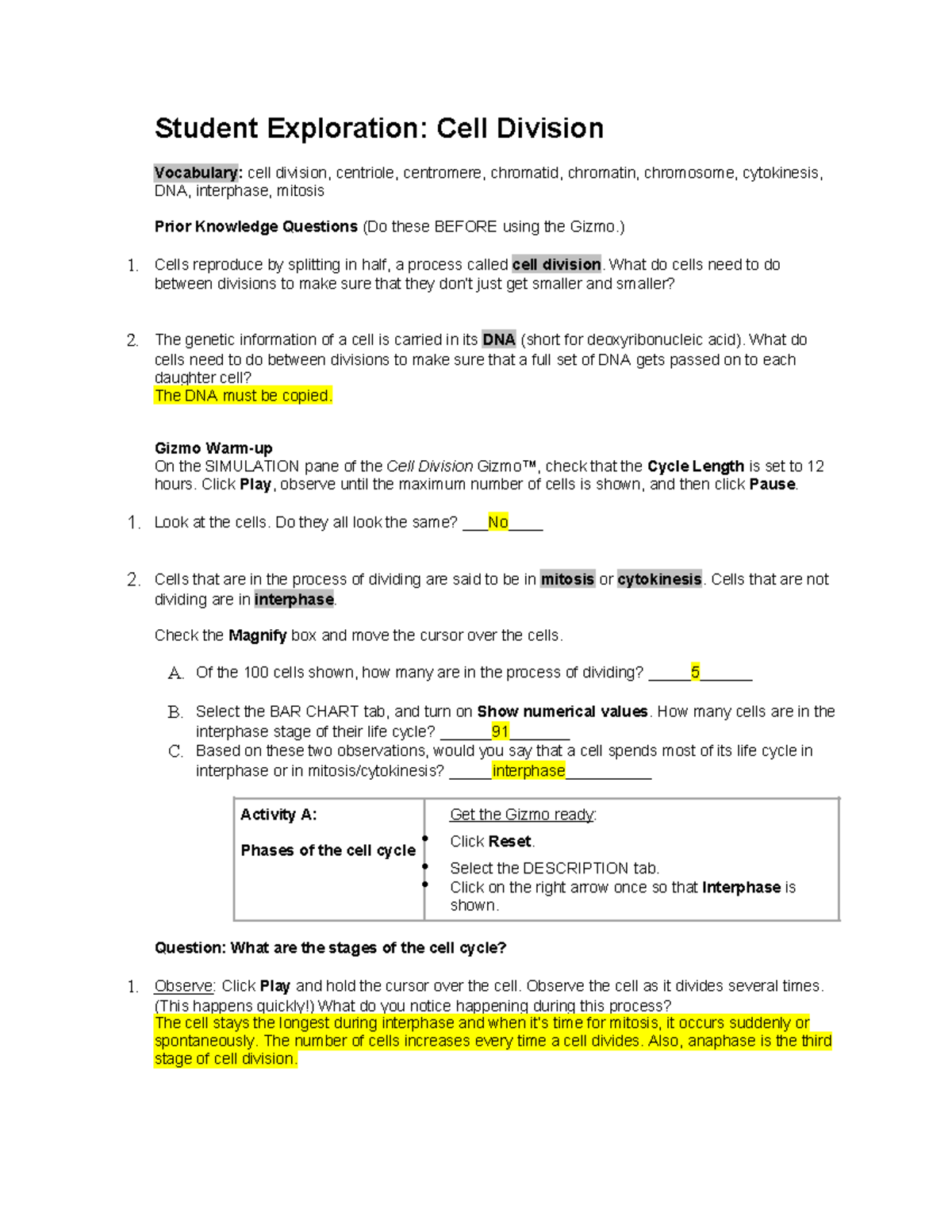 Cell Division Exploration: Mitosis Gizmo (Biology 101 Lab) - Studocu