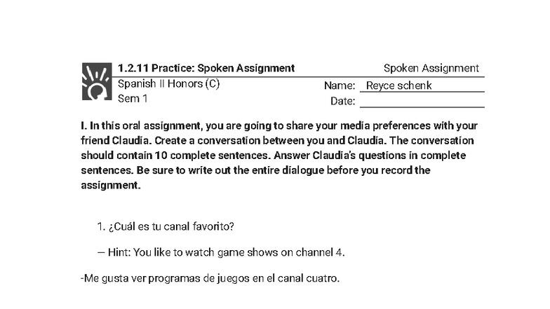 1.2.11 Practice: Spoken Assignment for Spanish II Honors (C) Sem 1 ...