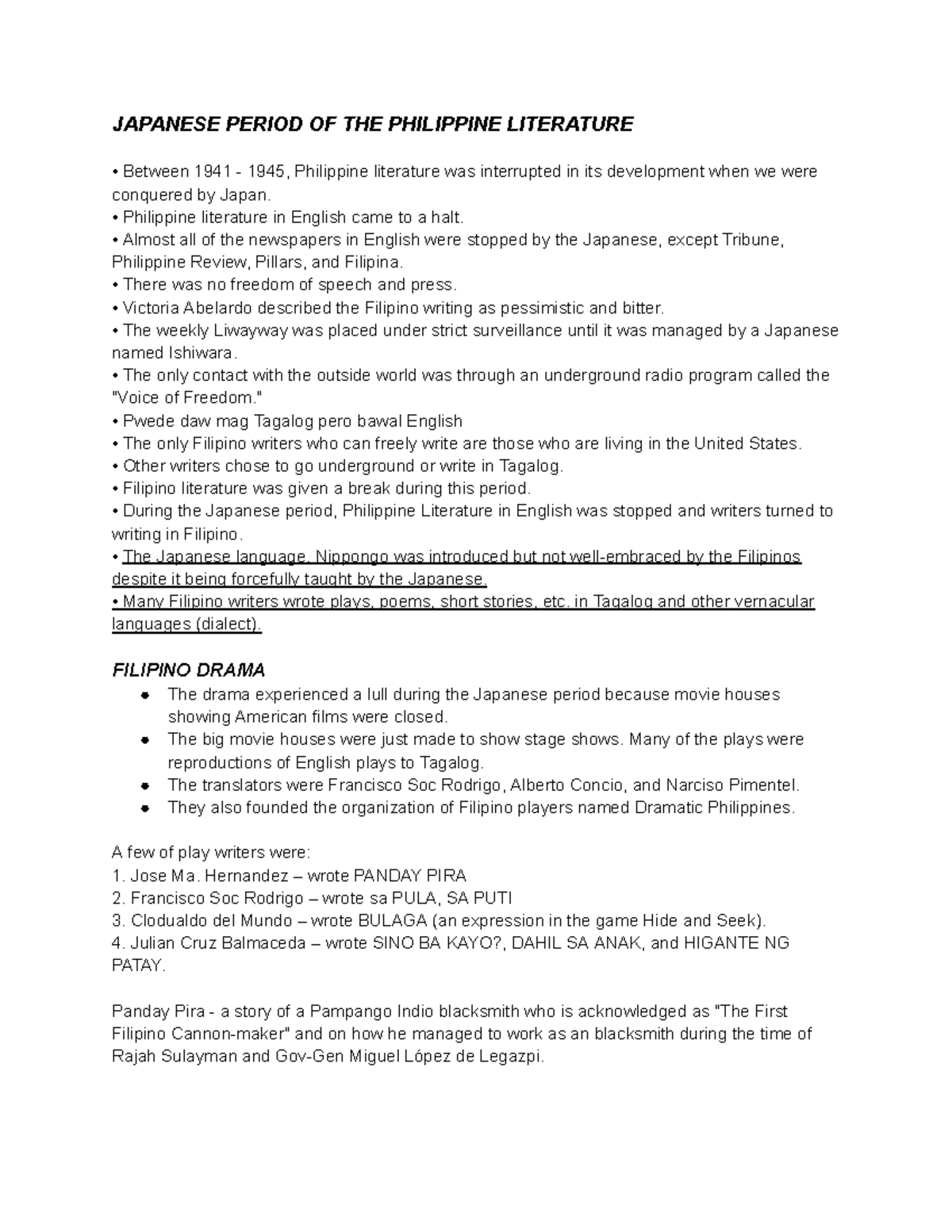 Japanese Period in Philippine Literature: Development (1941-1945) - Studocu