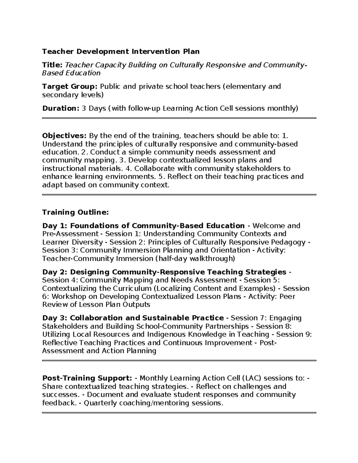 Teacher Development Plan: Culturally Responsive Education Training ...
