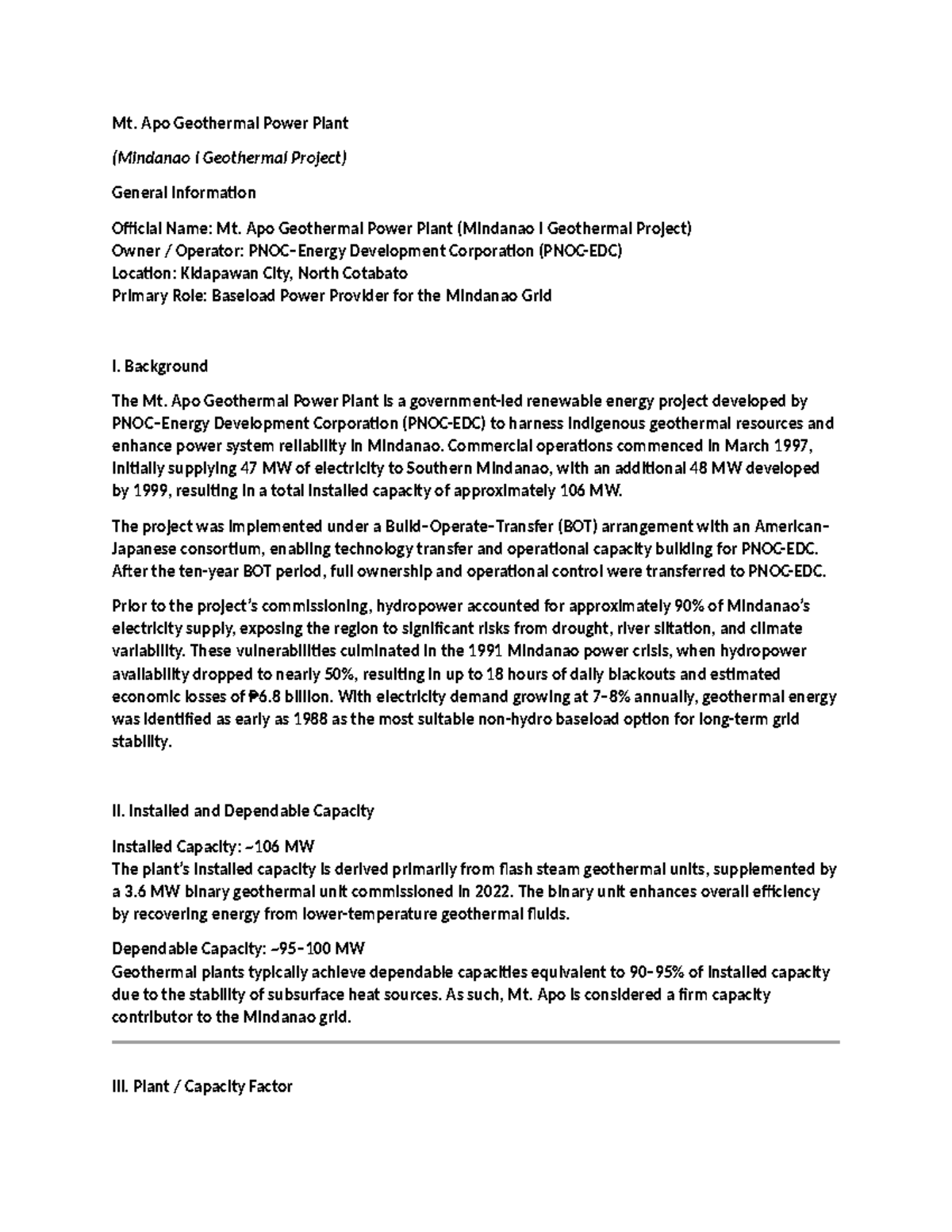 MT - PPE: Overview of Mt. Apo Geothermal Power Plant Operations - Studocu