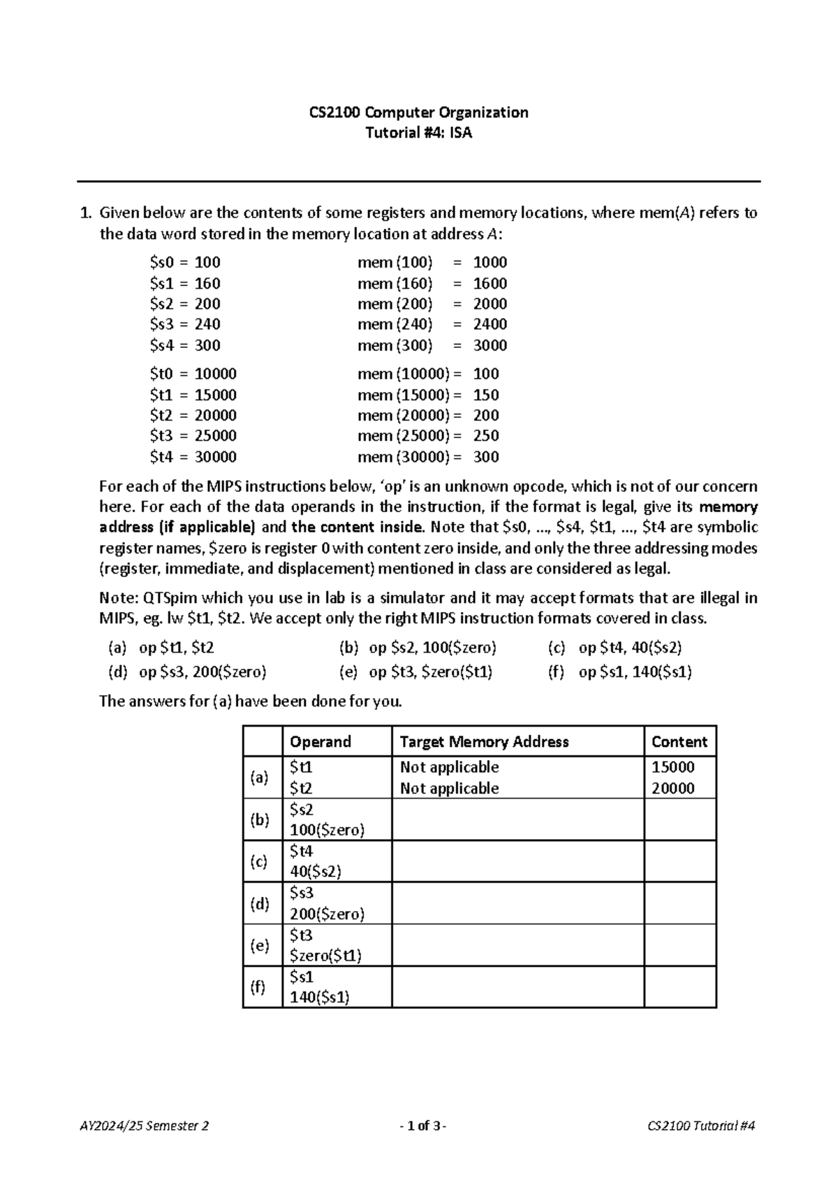 Tut04qns - Tutorial - AY202 4 / 25 Semester 2 - 1 of 3 - CS2100 ...