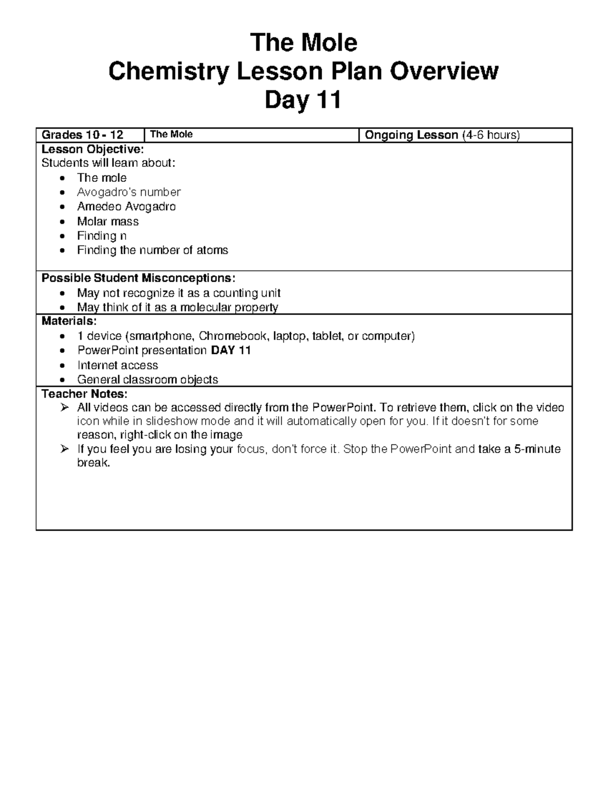 5E Lesson Plan on The Mole - Chemistry HL 10-12 - Studocu