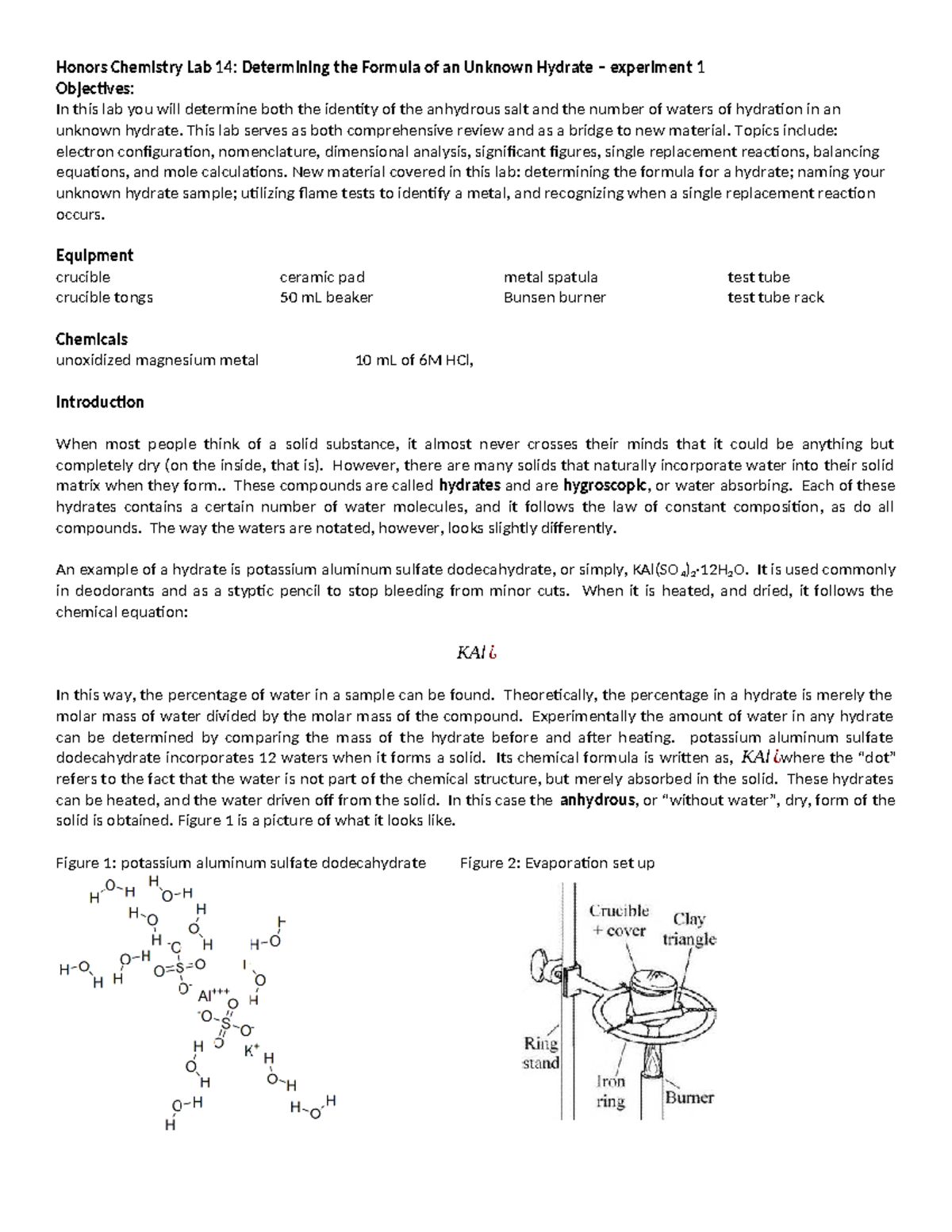Lab 14: Determining Unknown Hydrate Formula in Honors Chemistry - Studocu
