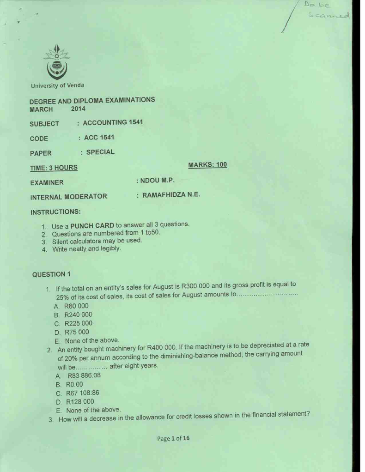QP 2014 - Accounting 1541 Degree Exam Questions and Answers - Studocu