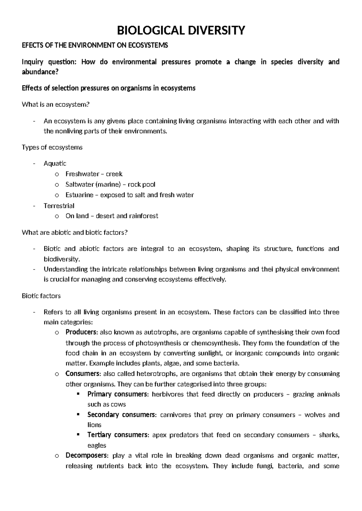 BIO 101 Final Exam Study Notes: Biological Diversity and Ecosystems ...