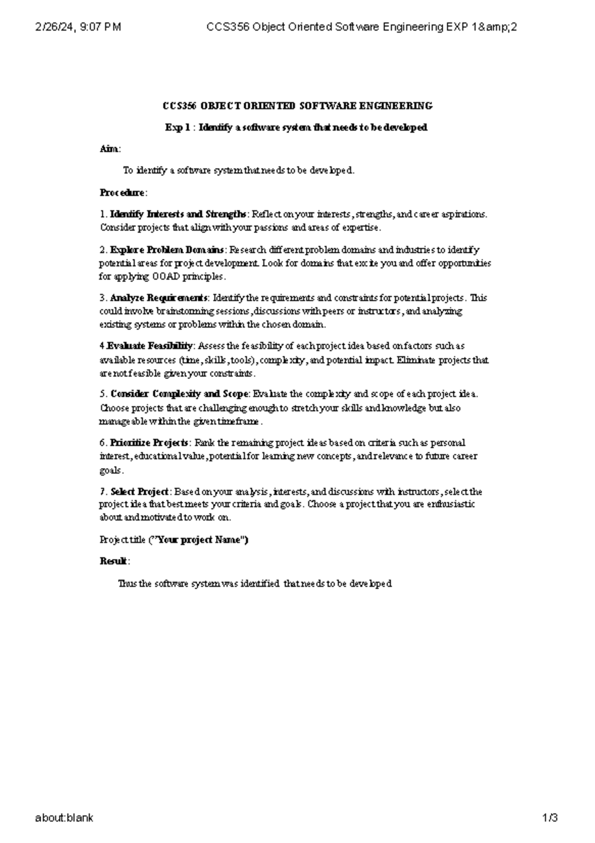 Lab CCS356 Object Oriented Software Engineering Experiments 1 & 2 - Studocu