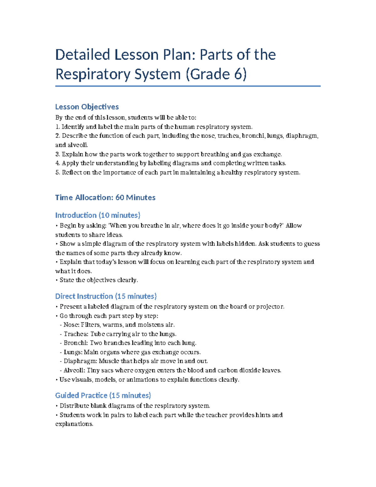 Grade 6 Lesson Plan: Parts of the Respiratory System - Studocu