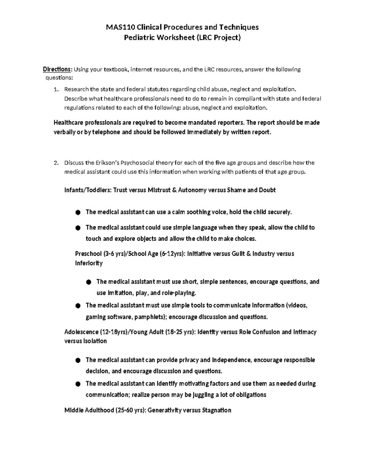 MAS110 Week 5 Pediatric Worksheet: Child Development & Reporting ...