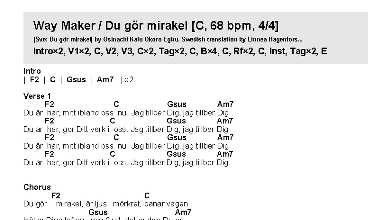 Du Gör Mirakel - C - Ackord (68 bpm) - Svensk Översättning - Studocu