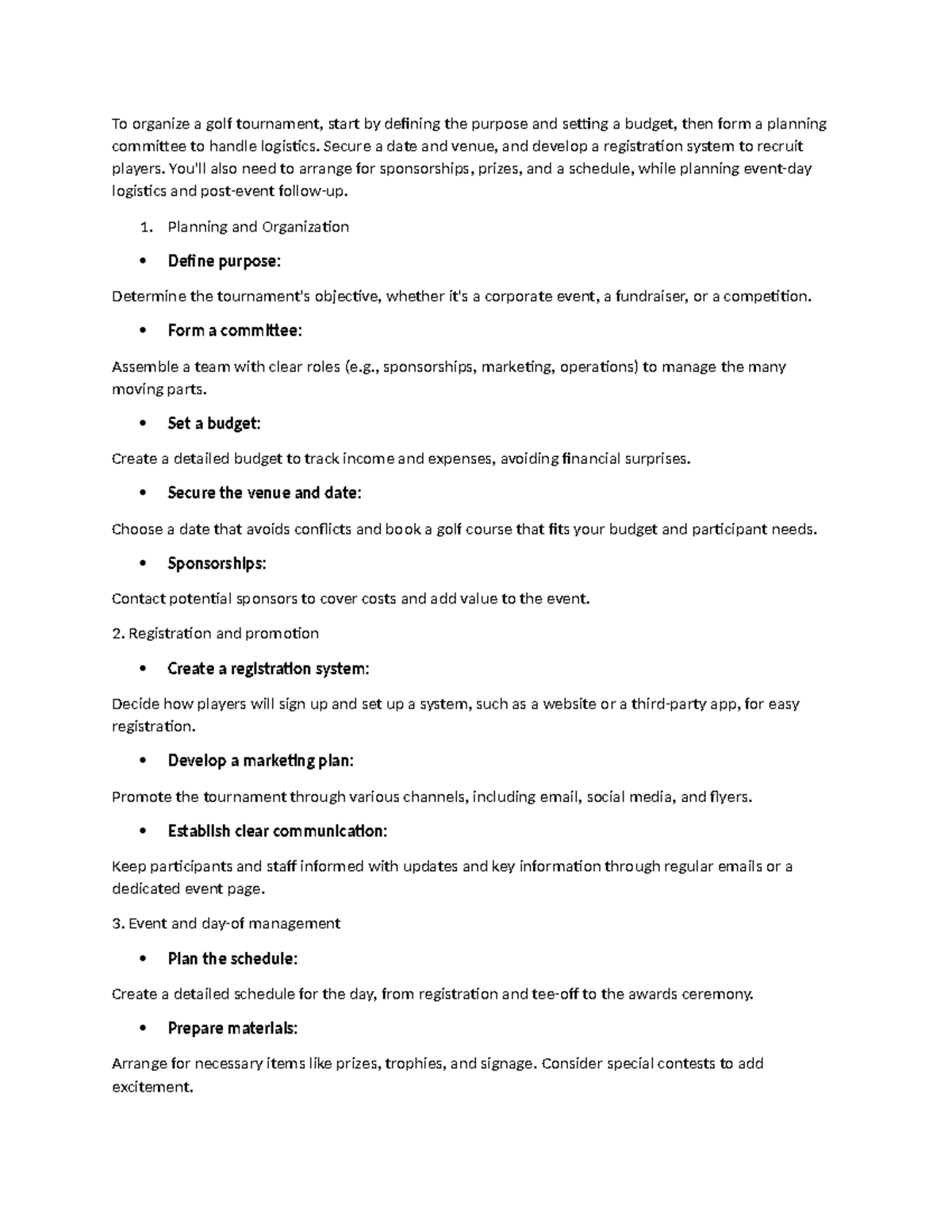 Golf Tournament Plan - Lecture Notes on Organization & Management - Studocu