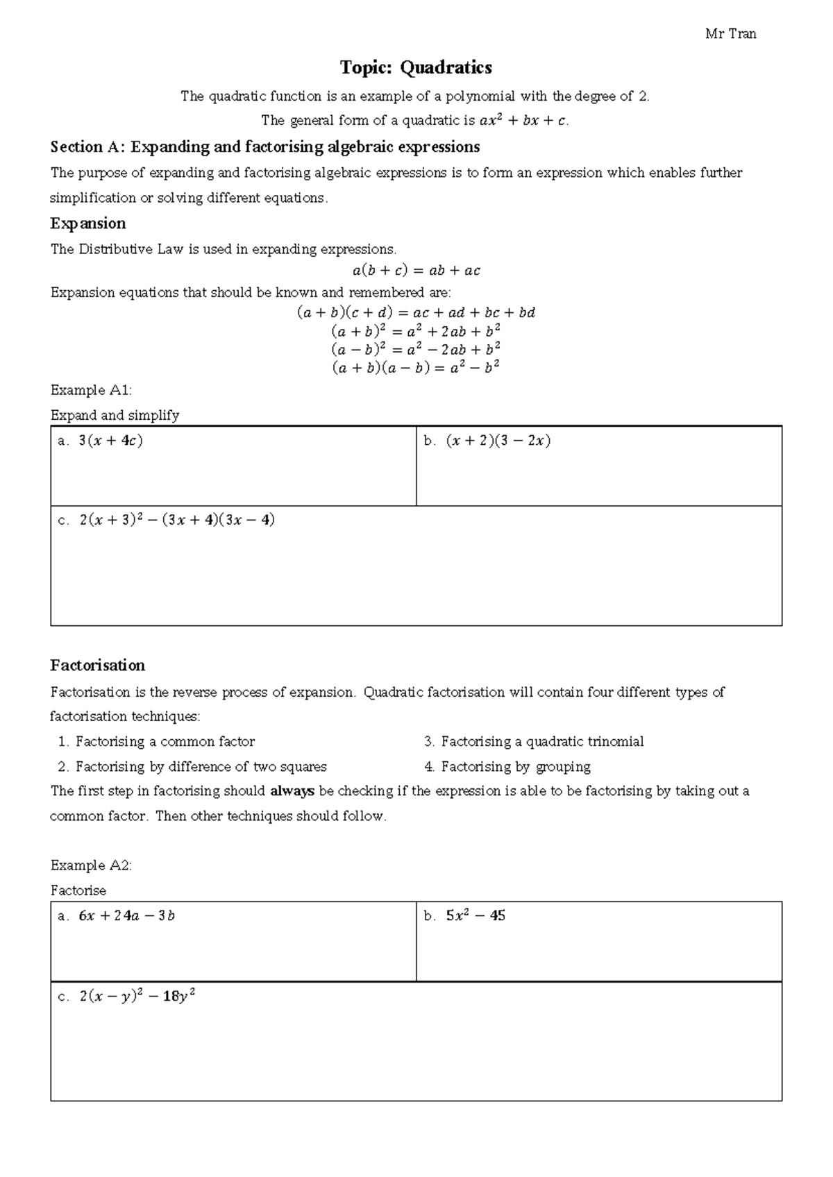 MATH101: Quadratics - Expanding, Factorising, and Solving - Studocu