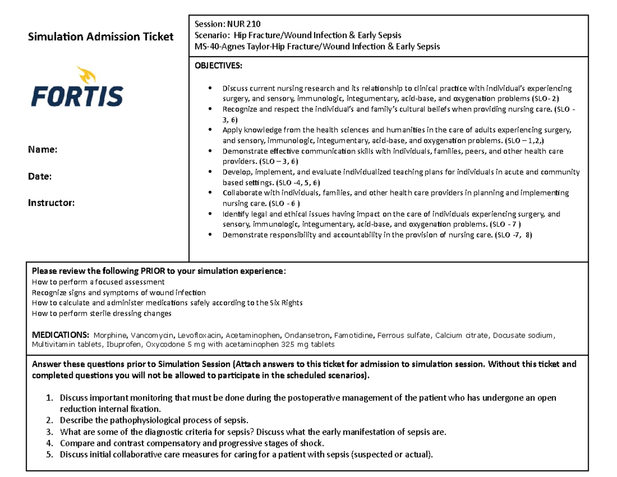 MS -40-Agnes Taylor-hip fracture-sepsis-Pre Sim Assignment - Simulation ...