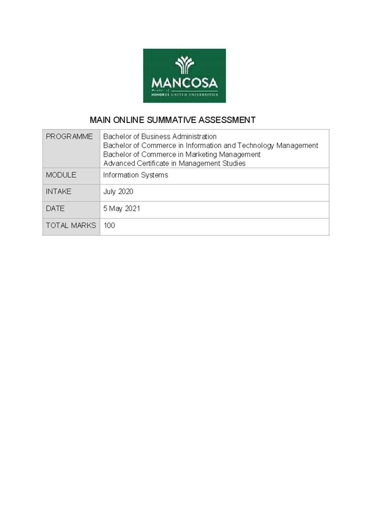 OSA Information Systems Exam - May 2021 (BBA, BCom, Adv Cert) - Studocu