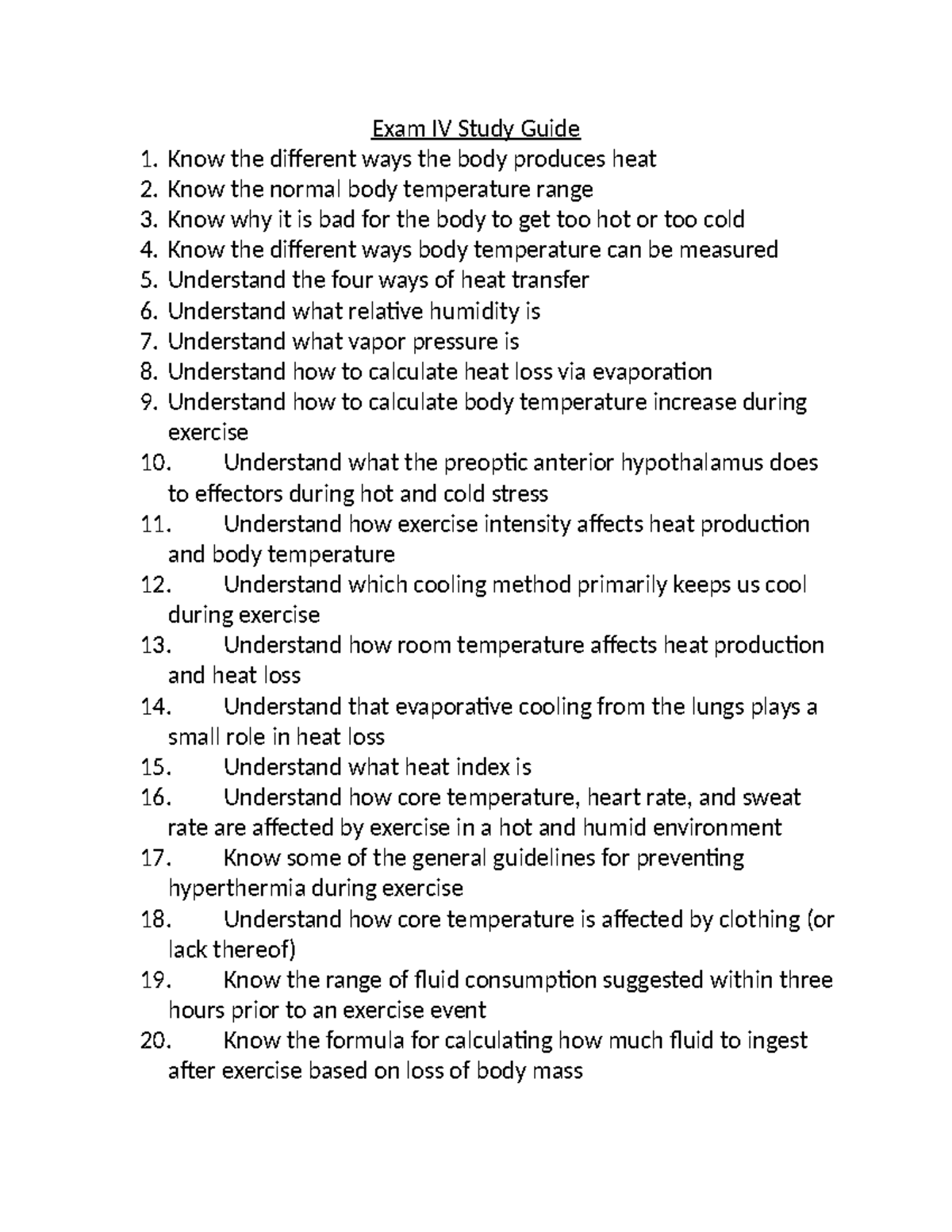 Exam IV Study Guide: Heat Production, Thermoregulation & Altitude ...