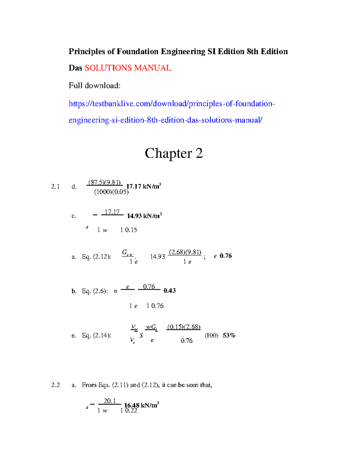 Principles of Foundation Engineering 8th Edition Das Solutions Manual - Studocu