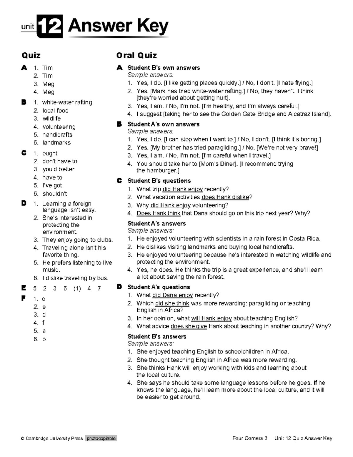 FC3 Quiz Unit 11 Answer Key and Sample Responses - Studocu