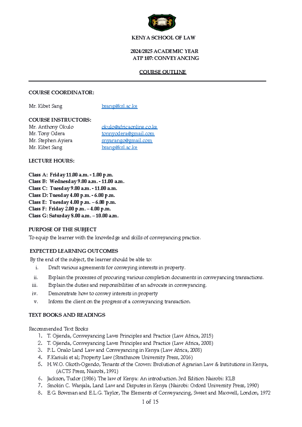 ATP 107: Conveyancing Course Outline for 2024-2025 Academic Year - Studocu