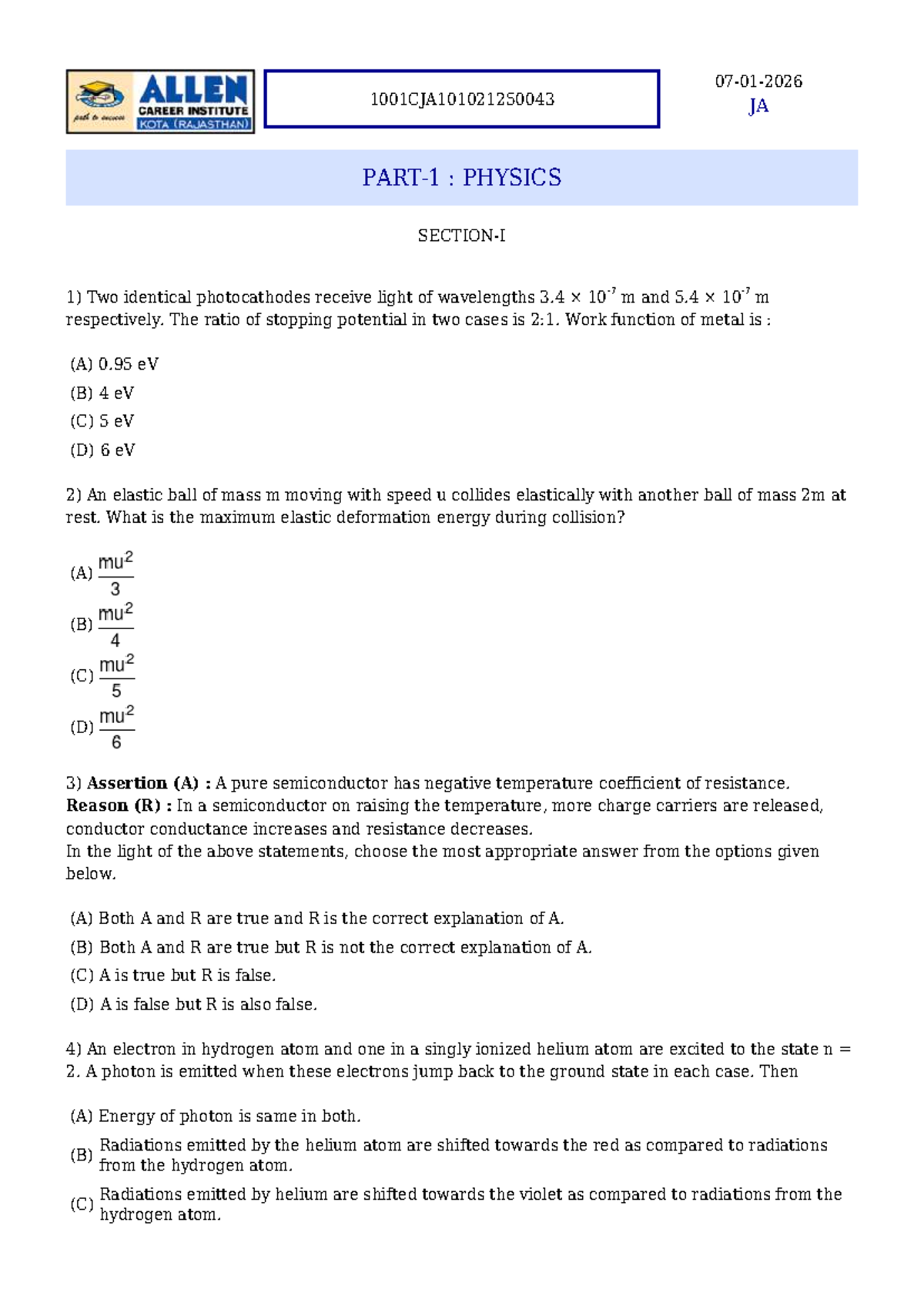 Physics 1001CJA101021250043: Comprehensive Solution Notes - Studocu