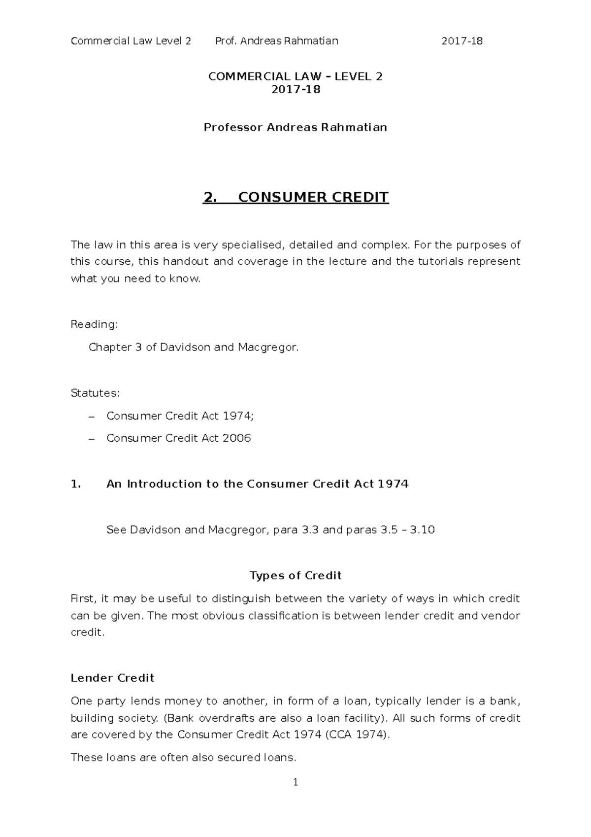 Consumer Credit Law Handout - COMMERCIAL LAW – LEVEL 2 2017- Professor ...
