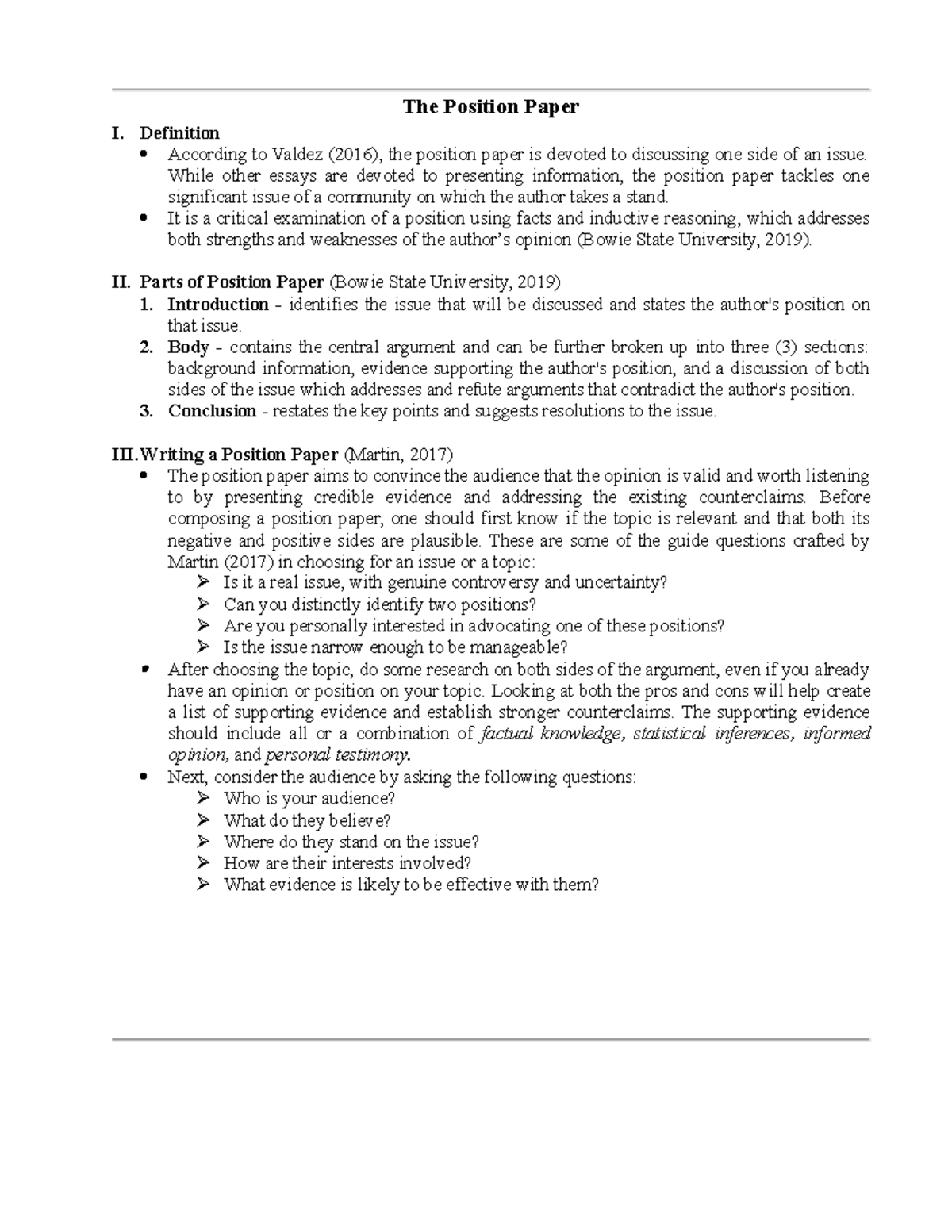 The Position Paper - I. Definition The Position Paper According to ...