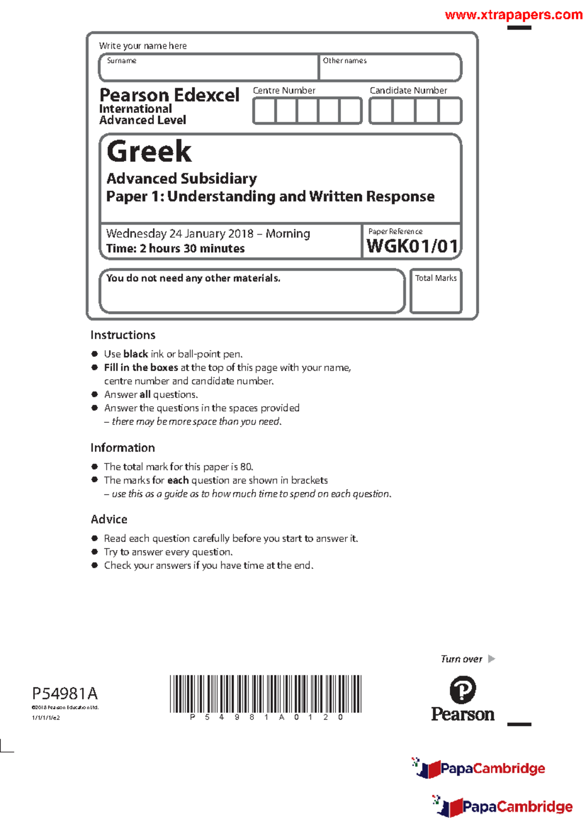 International Advanced Level Greek AS Paper 1: Understanding & Response ...