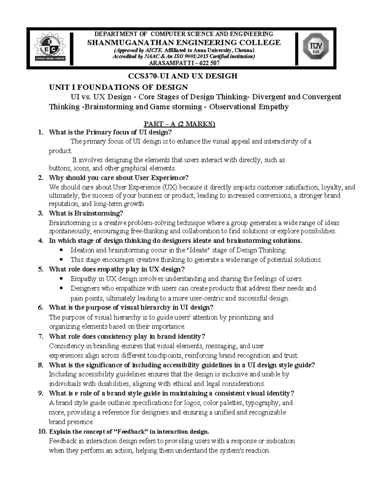 CSE 101: Unit 1 - Foundations of UI/UX Design Question Bank - Studocu