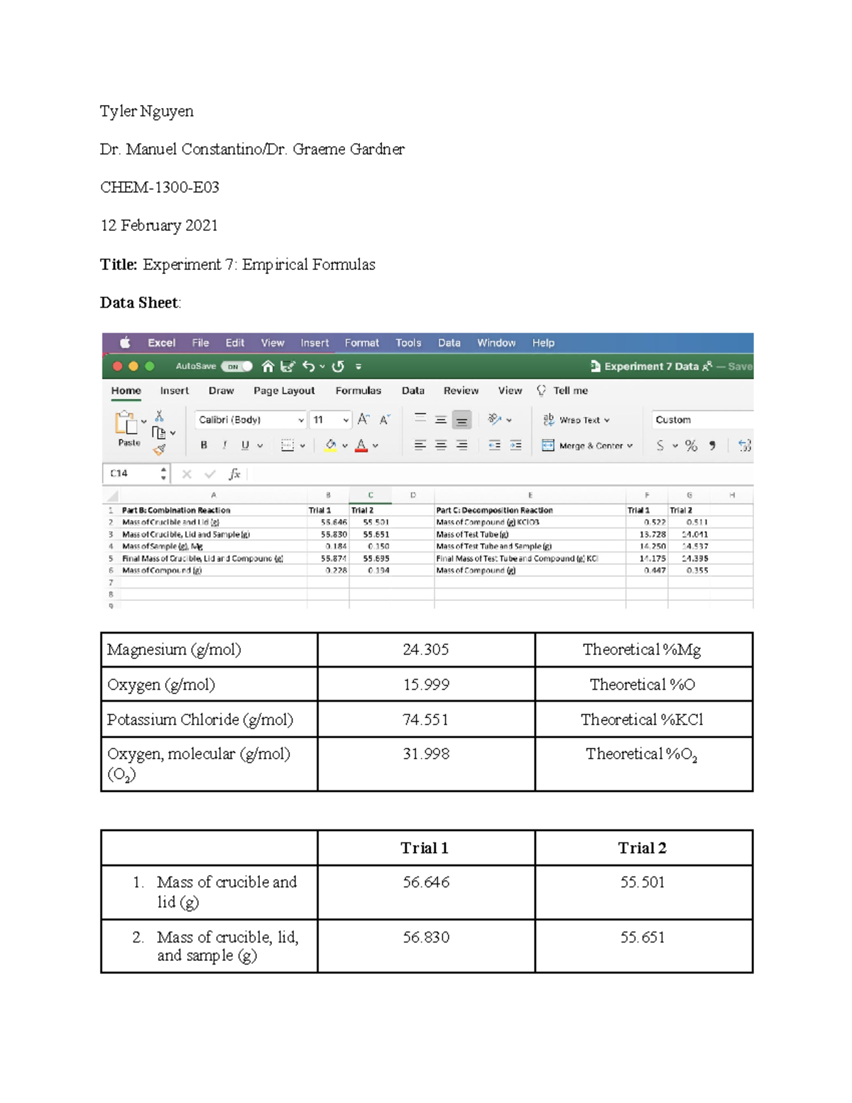 CHEM-1300-E Experiment 7: Empirical Formulas Post-Lab Report - Studocu