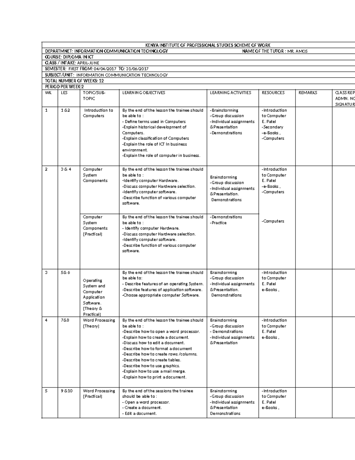 ICT Diploma Scheme of Work - Semester 1 by Mr. Amos - Studocu