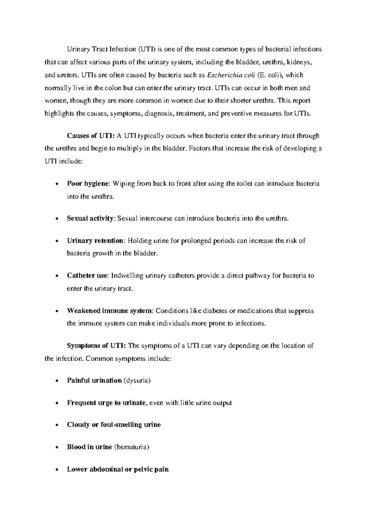 UTI Overview: Causes, Symptoms, Diagnosis, Treatment & Prevention - Studocu