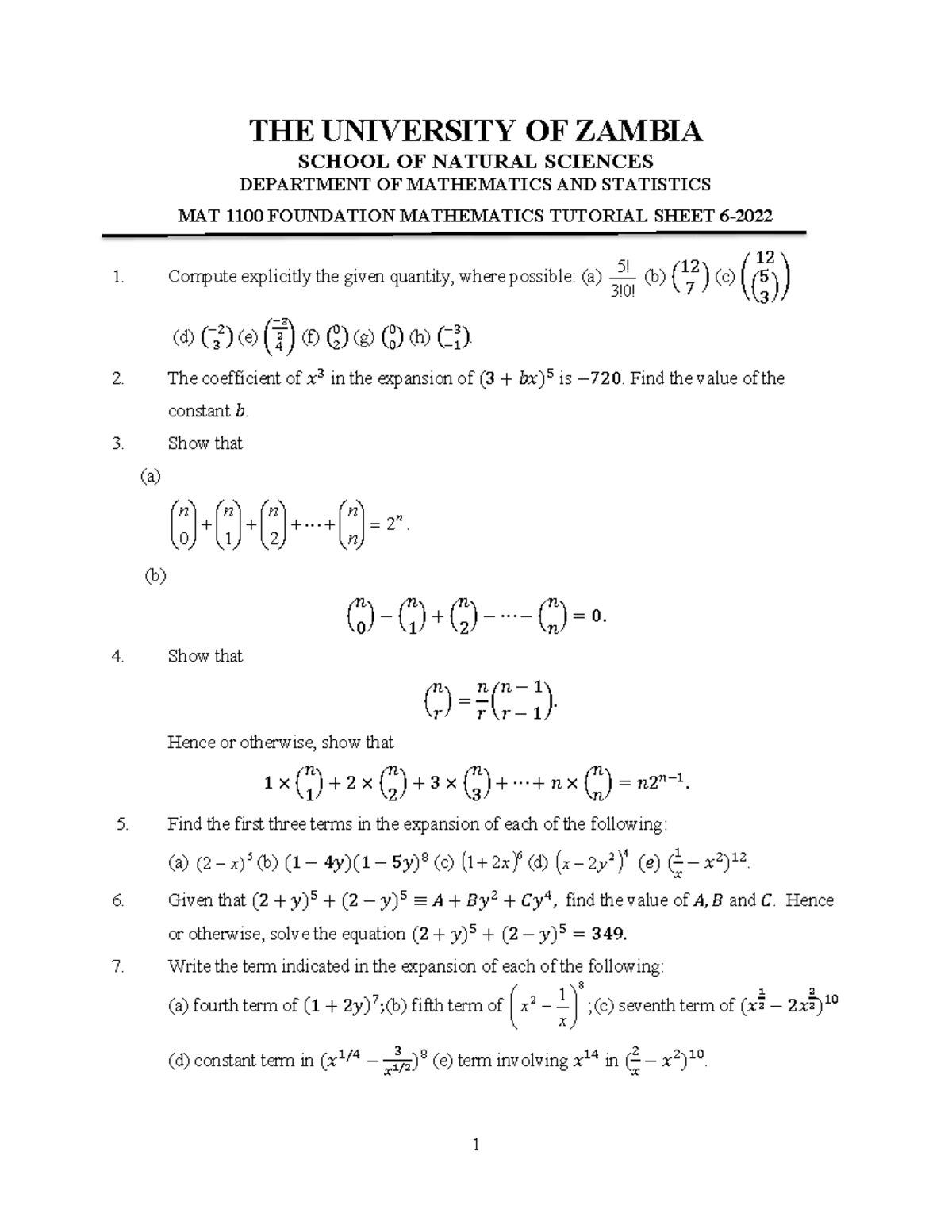 MAT 1100 Foundation Mathematics Tutorial Sheet 6 - 2022 - Studocu