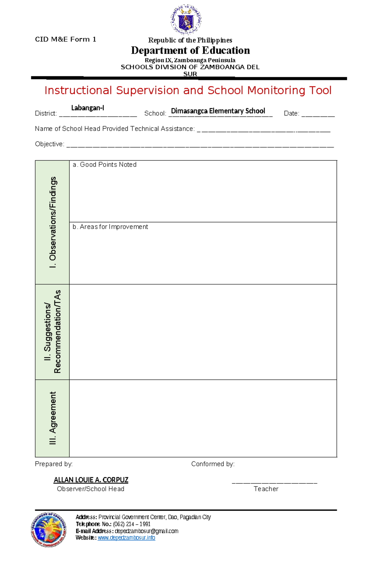 CID Form 1 v2 Monthly Instructional Supervision & Monitoring Report ...