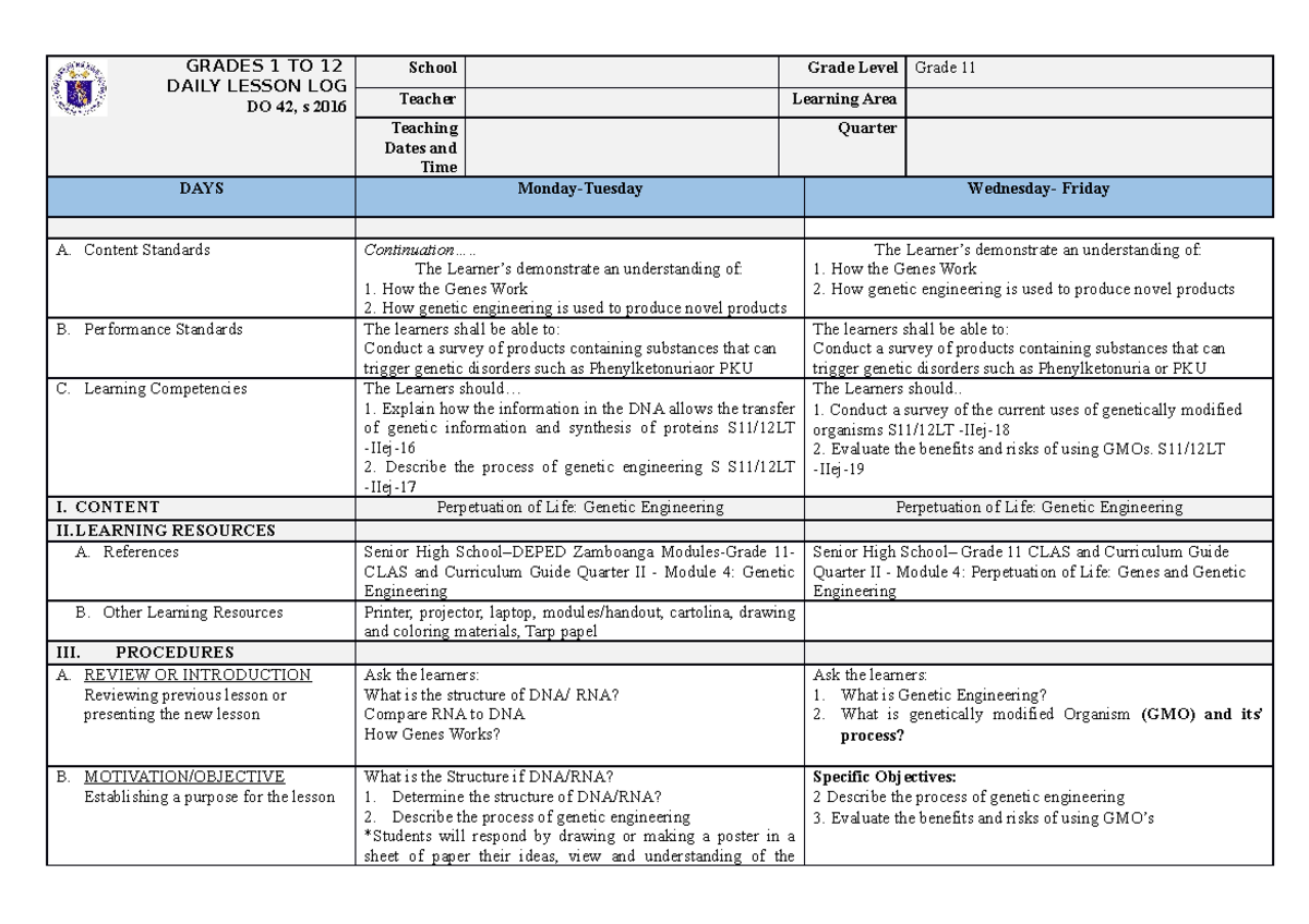 Deteailed Lesson PLAN 2023 Format - s GRADES 1 TO 12 DAILY LESSON LOG ...