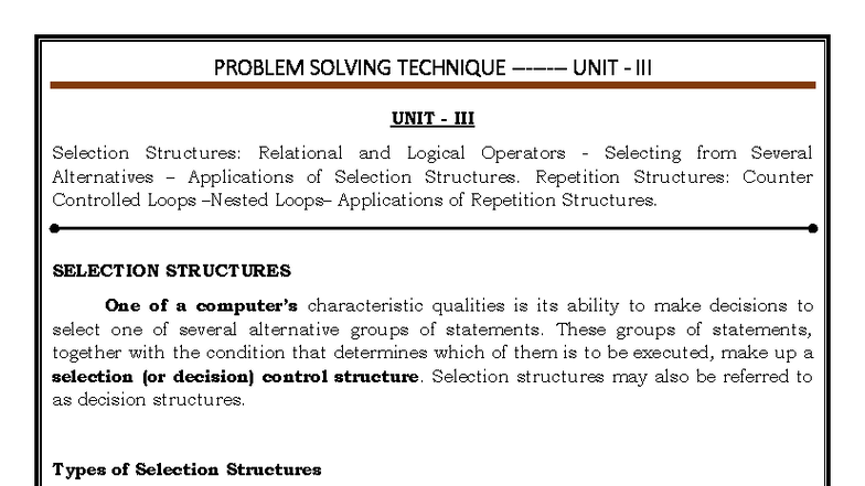 Problem Solving Technique - Unit III: Selection & Repetition Structures ...