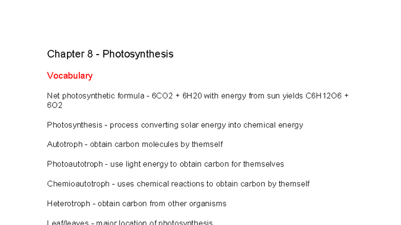 BIO Exam 3b - Hightower Chapter Reviews - Chapter 8 - Photosynthesis ...