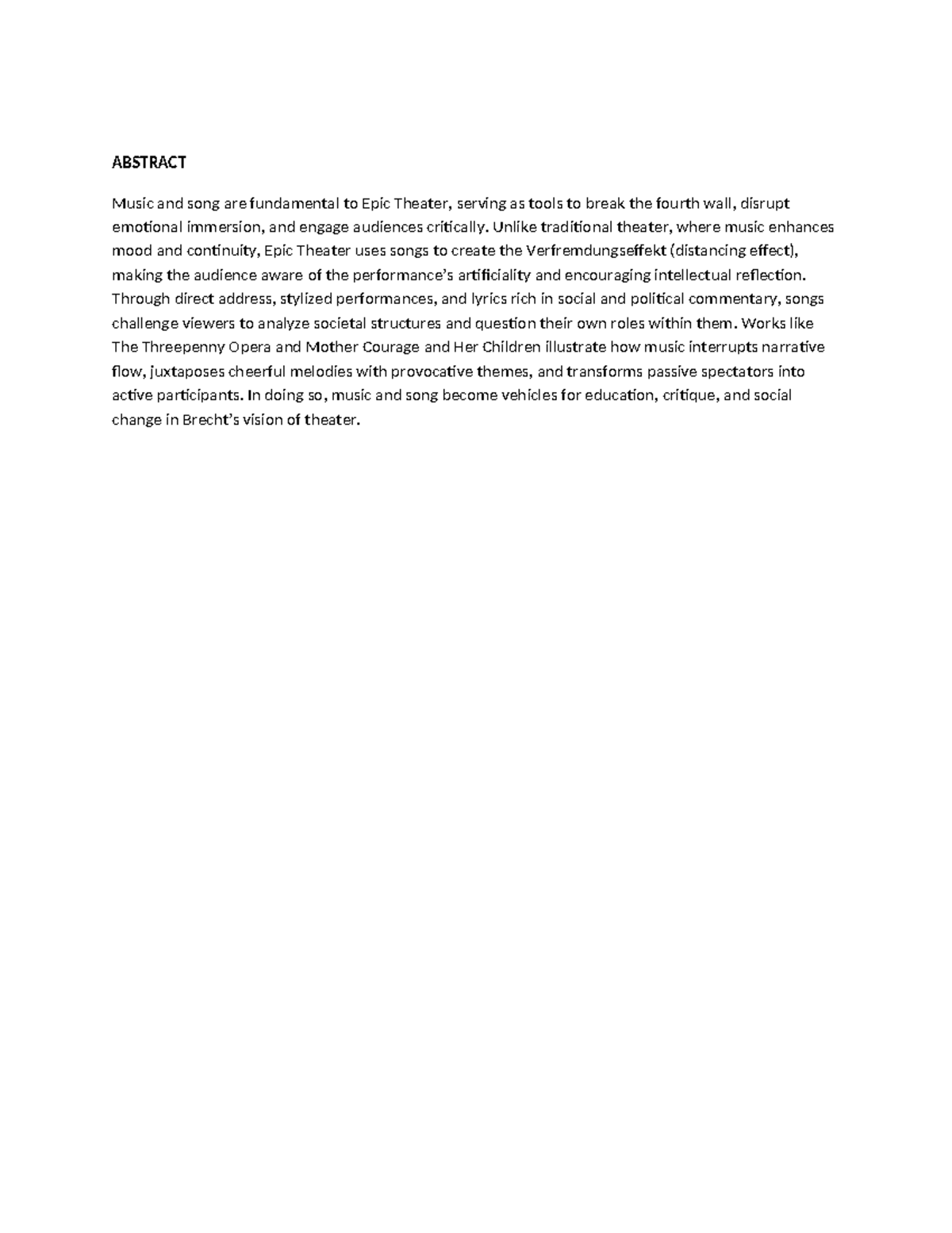 The Role of Music in Epic Theater: Analyzing Brecht's Techniques (210 ...