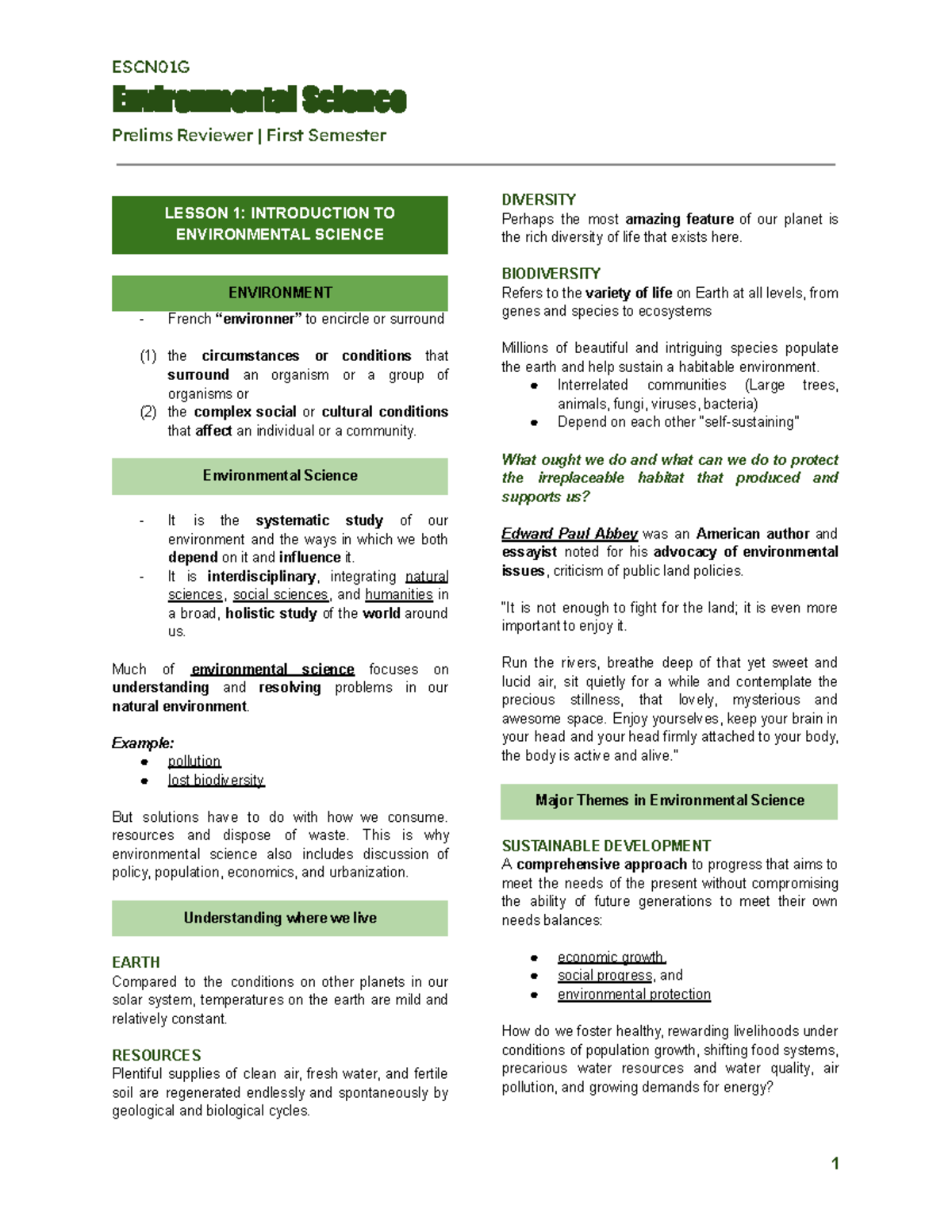 ESCN01G Environmental Science Prelims Lecture Notes: Introduction & Key ...
