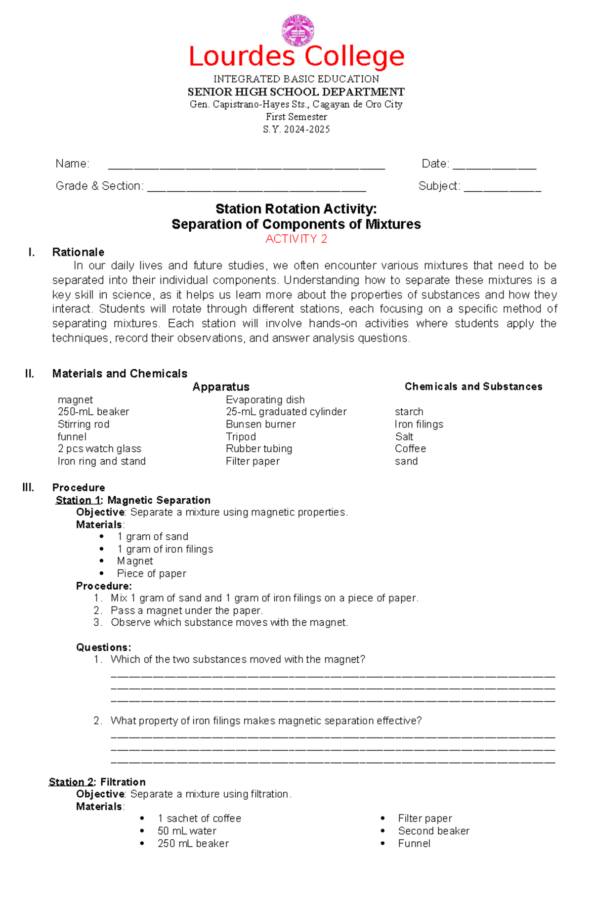 Lourdes College Gen. Sts. Lab Sheet: Separation of Mixtures Activity ...